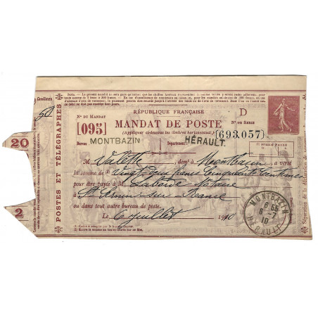 Mandat poste Semeuse lignée brune 1910. - Philantologie