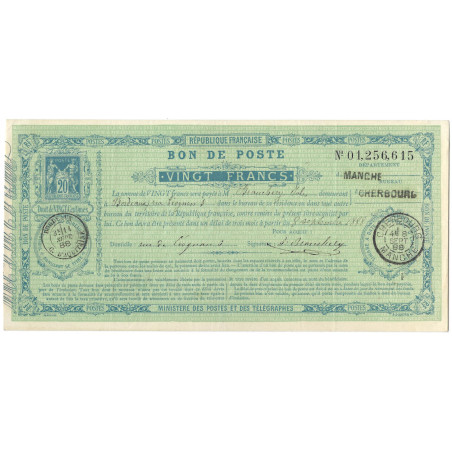 Bon de poste 20 francs type Sage bleu 1888, R. - Philantologie