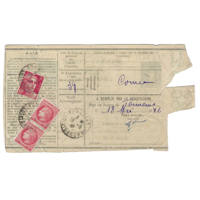 Mandat poste Semeuse lignée verte + Sage avec globe, 1945. - Philantologie